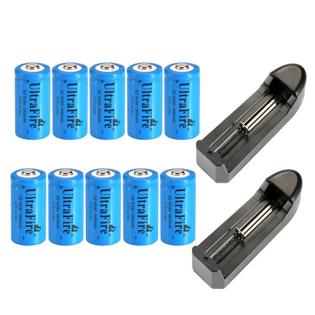 CELDA DE BATERÍA recargable de iones de litio 10 piezas 16340 3,7 V Ultrafire 1800 mAH ...