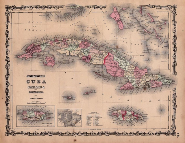 1860 JOHNSON'S FAMILY Atlas-Map Of Cuba & Puerto Rico-Hand Colored £11. ...