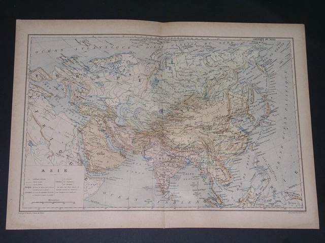 1887 ORIGINAL ANTIQUE Political Map Of Asia China Russia Japan India ...