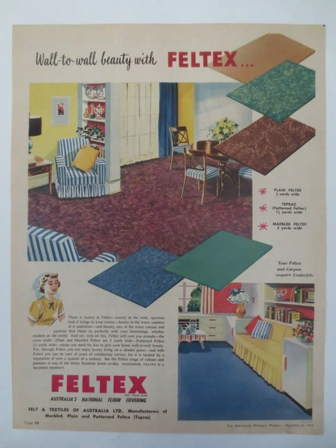 VINTAGE AUSTRALIAN ADVERTISING 1953 ad FELTEX FLOOR COVERINGS carpet ...