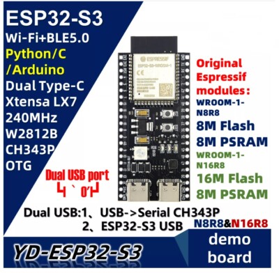 ESP32 S3 ESP32-S3 - devkitc - 1 Dual Typ-C USB esp32-s3 - Wroom - 1-n8r8 micropython EUR 14,43 ...