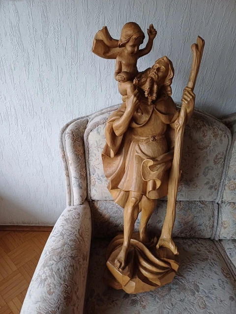 HOLZFIGUR HANDGESCHNITZT, HEILIGER Christophorus, 60 cm, Südtirol, detailreich EUR 152,00 ...