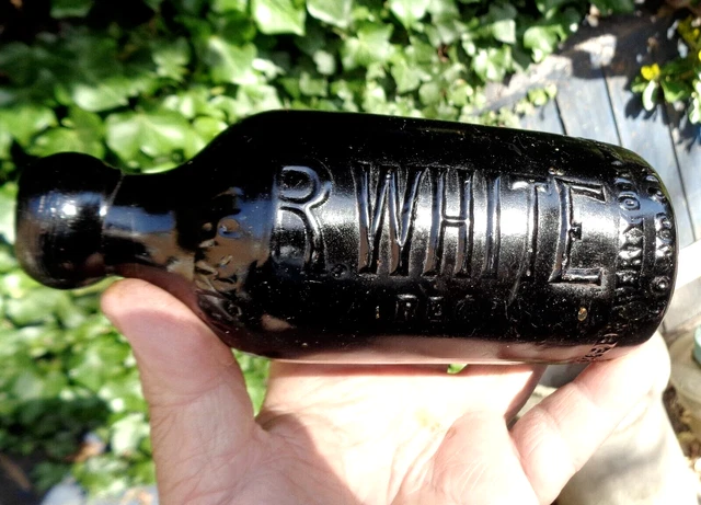 ANTIQUE HEAVY BLACK Glass Dumpy Ginger Beer Bottle.R.Whites London. 6 1 ...