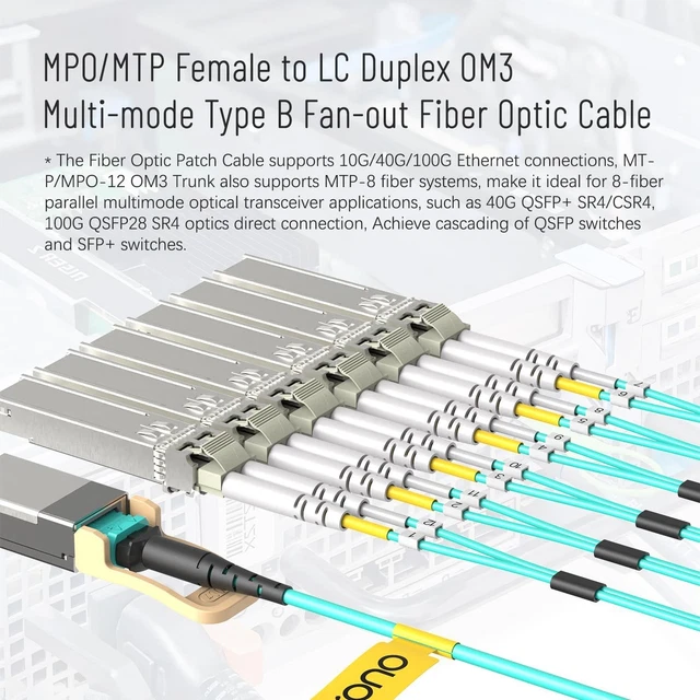 3M(10FT) MTP/MPO (APC) to 12 x LC Multimode Breakout Fiber Optic 10ft ...