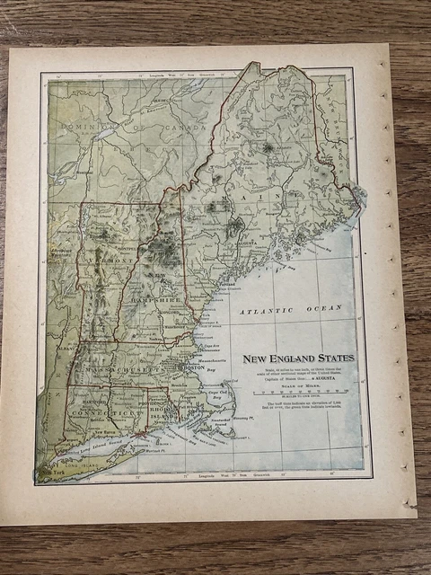 ANTIQUE 1916 MULTICOLORED Physical Map Of The New England States 12”x10 ...