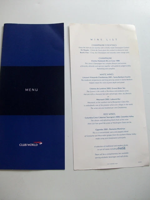 BRITISH AIRWAYS CLUB WORLD MENU & WINE LIST JUL04 **GC** £5.00 ...