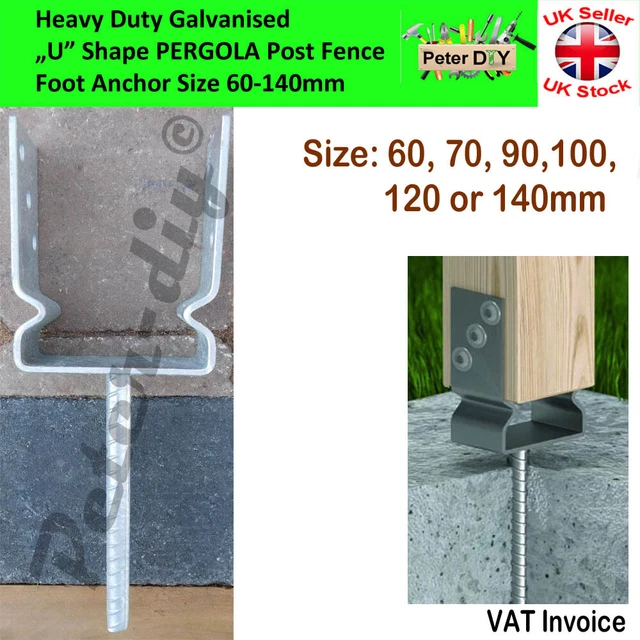 HEAVY DUTY GALVANISED ("U" Shape Pin) Post Fence Foot Anchors Size 60 ...
