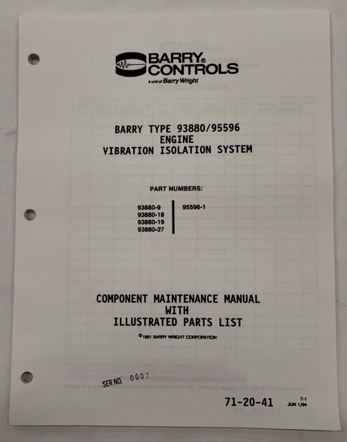 BARRY CONTROLS TYPE 93880/95596 Engine Vibration Isolation System Maint ...