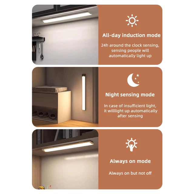 STRIP LIGHT LED PIR Motion Sensor USB Rechargeable Sticker Cabinet ...