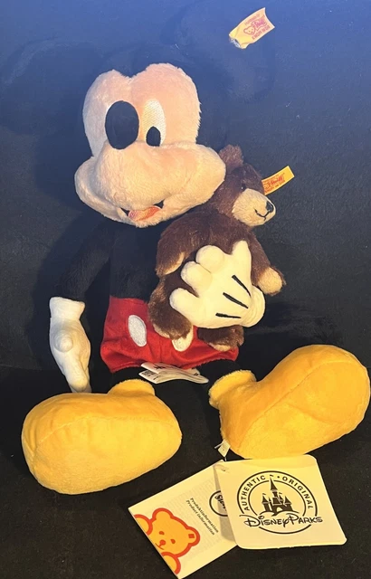 DISNEY PARKS STEIFF 12" Mickey Mouse Holding 4.5" Teddy Bear PLUSH NEW ...