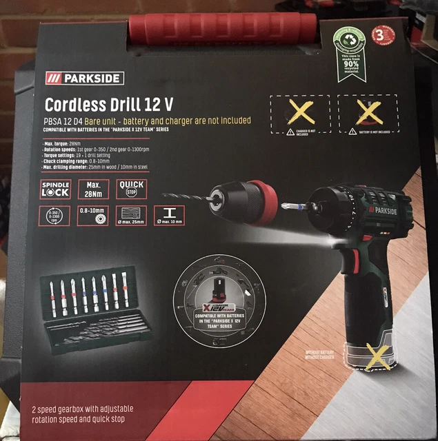 PARKSIDE 12V CORDLESS Drill PBSA 12 D4 In Carry Box BARE - No Battery ...