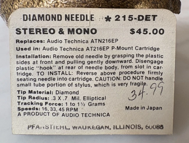 NOS PFANSTIEHL 215-DET Diamond Needle Stylus Replace AUDIO TECHNICA ...