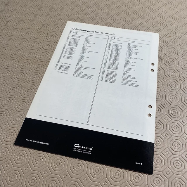 ORIGINAL GARRARD MODEL GT-25 Automatic Turntable Exploded View/Spare ...
