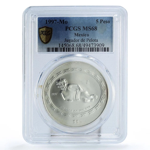 MEXICO 5 PESOS Precolombina Jugador de Pelota Statue MS68 PCGS silver ...