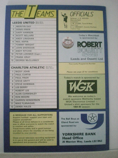 LEEDS UNITED V CHARLTON ATHLETIC, 23rd FEBRUARY 1985, NO WRITING ...