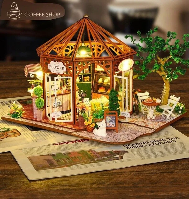 DIY MINIATURE COFFEE Shop Dollhouse Kit with LED, Collectible Building ...