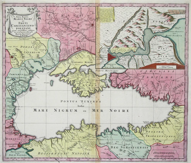 TURCHIA NERA MARE Originale Incisione Cartina Geografica Seutter 1742 ...
