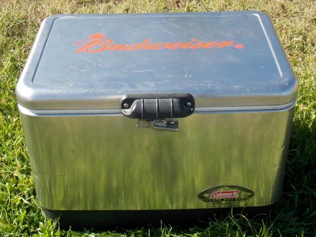 BUDWEISER COLEMAN STEEL Belted Cooler Ice Box EUC USA Patent Pending ...