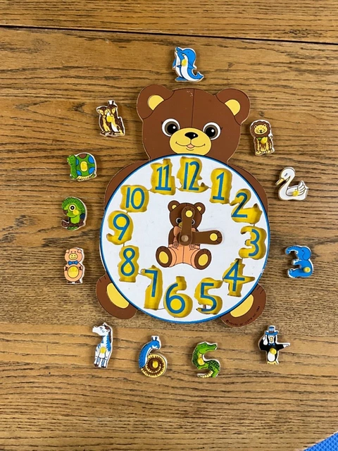 VINTAGE WOODEN TEDDY Bear and Animals Teaching Clock Puzzle £4.82 ...