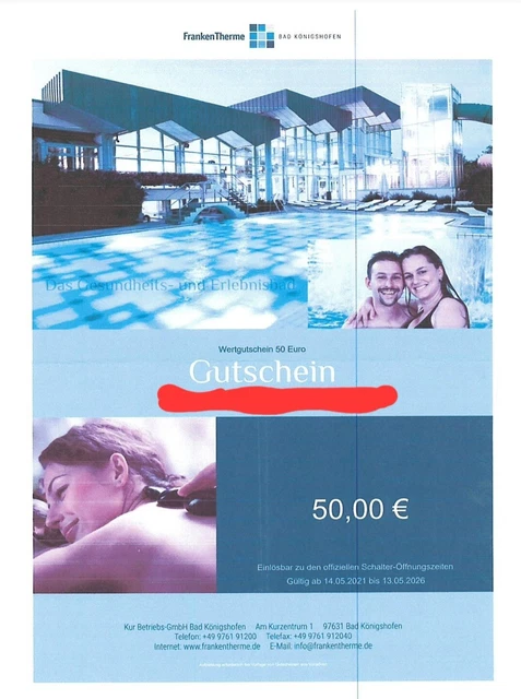 THERME GUTSCHEIN FRANKEN Therme Bad Königshofen 50 Euro EUR 35,00 - PicClick DE