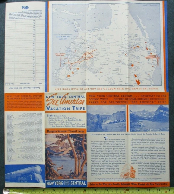 RARE 1939 NYCRR New York Central Railroad Map brochure tarifaire 16x18 ...
