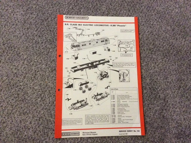HORNBY SERVICE SHEET for a BR Class 86 Electric Locomotive R360 Phoenix ...