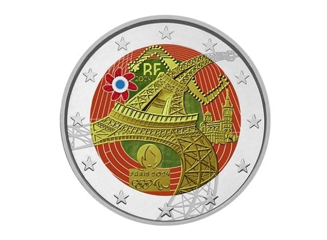 2 EURO FRANCE UNC Paris 2024, Tour Eiffel Colorisée, JO 2024, Sous ...