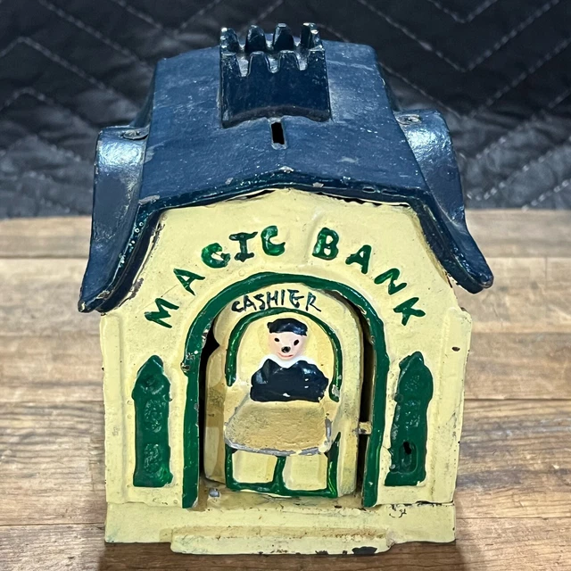 VINTAGE MAGIC BANK Heavy Cast Iron Replica Mechanical Coin Operated ...