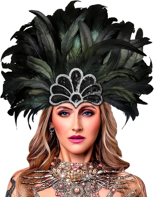 WOMEN'S BLACK FEATHER Headpiece Carnival Caribbean Headdress Showgirl ...