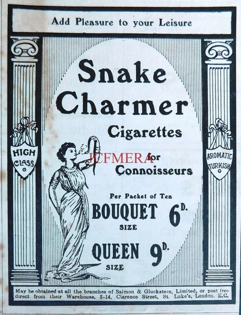 SALMON & GLUCKSTEIN 'SNAKE CHARMER' Cigarettes Advert : Original 1915 ...