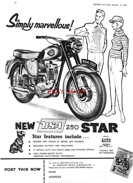 ORIGINAL 1958 ADVERT for BSA 250cc 'Star' Motorcycles Vintage Print Ad ...