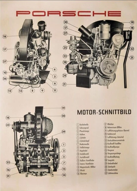 GENUINE PORSCHE 356 356A 1955-59 Engine Cut Away Poster Diagram Sign ...