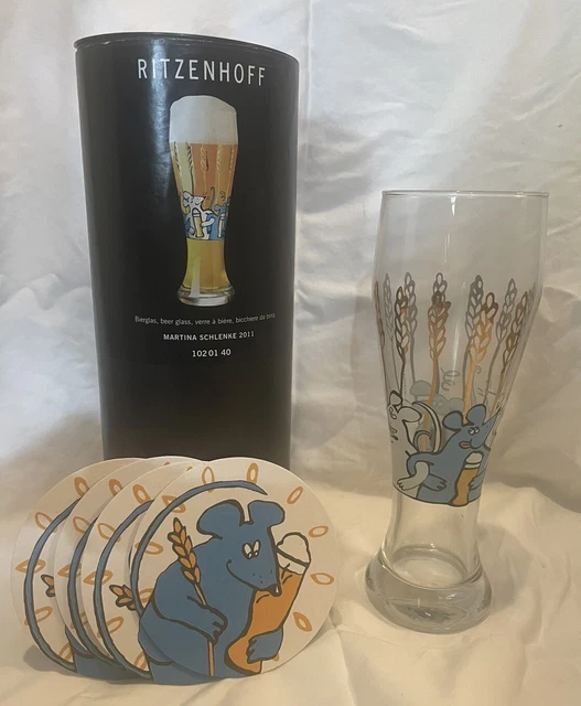 RITZENHOFF GERMANY PILSNER Beer Glass W/4 Coasters Petra Mohr Artist ...