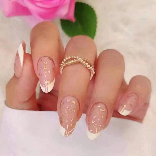 FAKE NIALS DIY Press on Nails French Four-leaf Clover Long Almond False ...