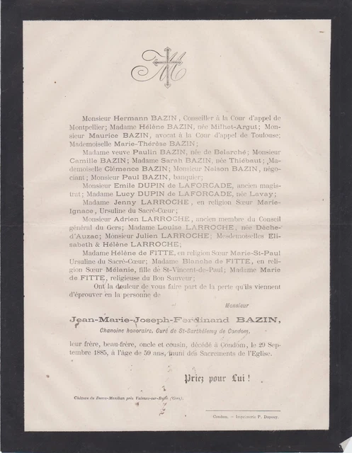 1885 DEATH ANNOUNCEMENT Jean-Marie-Joseph-Ferdinand BAZIN, Canon of ...