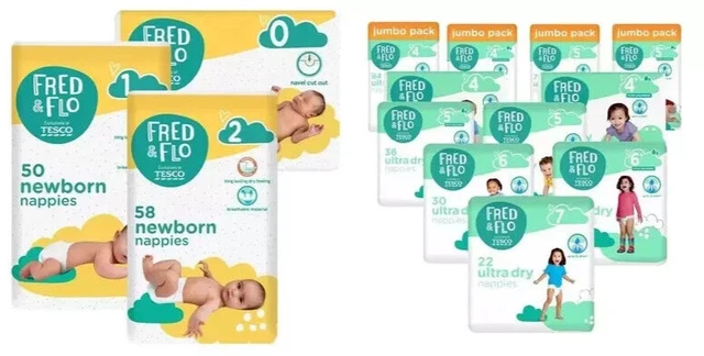 FRED & FLO Nappies Size Range Growth Stage Newborn To Toddlers Nappies ...