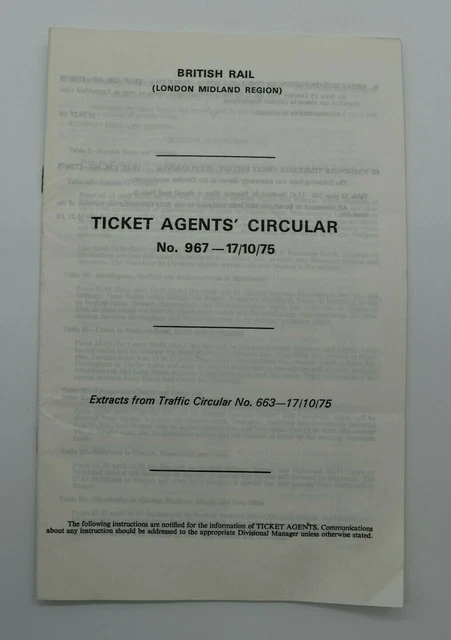 BRITISH RAIL (LM Region) Ticket Agents' Circular No.967 17/10/75 EUR 6 ...