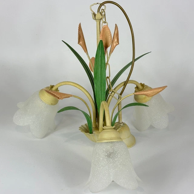 VINTAGE FRENCH 3 Arm Metal Leaves Toleware Light With Speckled Glass ...