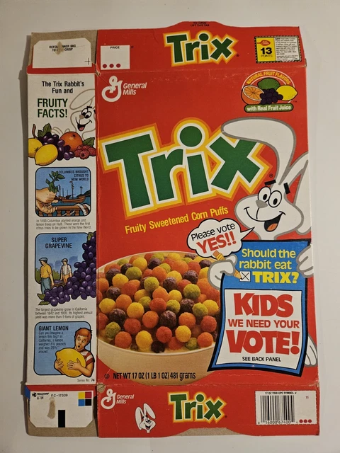 1991 GENERAL MILLS TRIX Fruity Sweatened Corn Puffs Cereal Box Flat ...