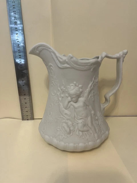 LARGE BISQUE PORCELAIN Portmeirion Embossed Cherub Angel Parian Jug ...