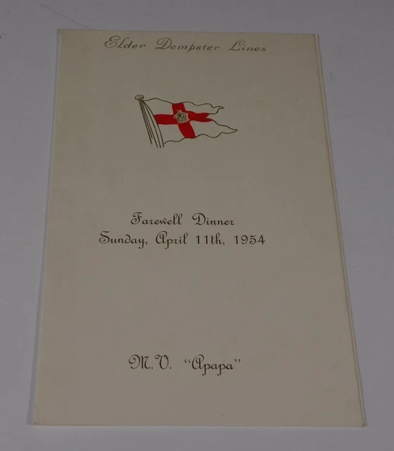 ELDER DEMPSTER LINES - Dinner Menus - MV APAPA 1954 / MV ACCRA 1956 £11 ...