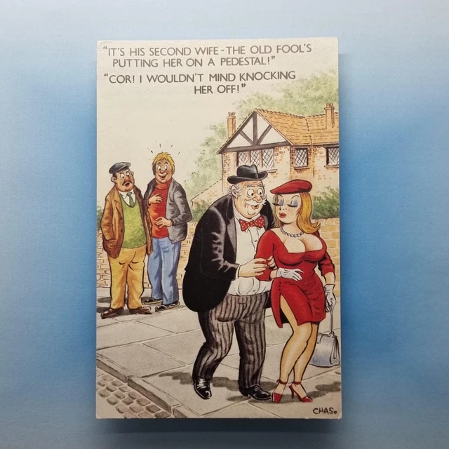 SAUCY COMIC POSTCARD Letchy Old Man Boobs Pedestal C1975 Bamforth & Co ...