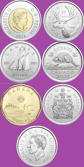 COMPLETE SET OF 7 2021 Canada Coins.$2, $1, 50c 25c, 10c, 5c Mint UNC ...