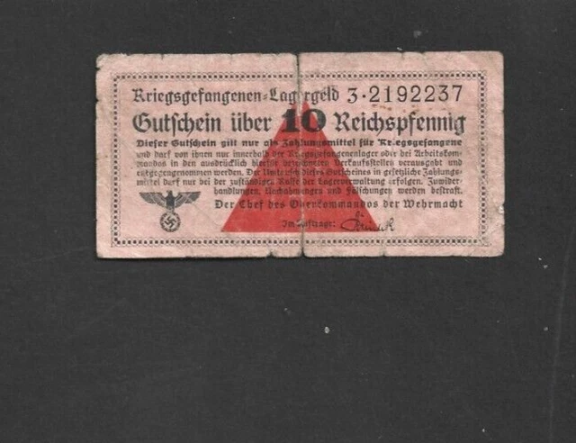 10 REICHSPFENNIG VG Nazi Concentration Camp Note From Germany 1942 £2. ...
