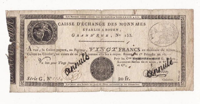1801, FRENCH REVOLUTION BANKNOTE - 20 FRANCS, ROUEN, FRANCE (An 10) £19 ...