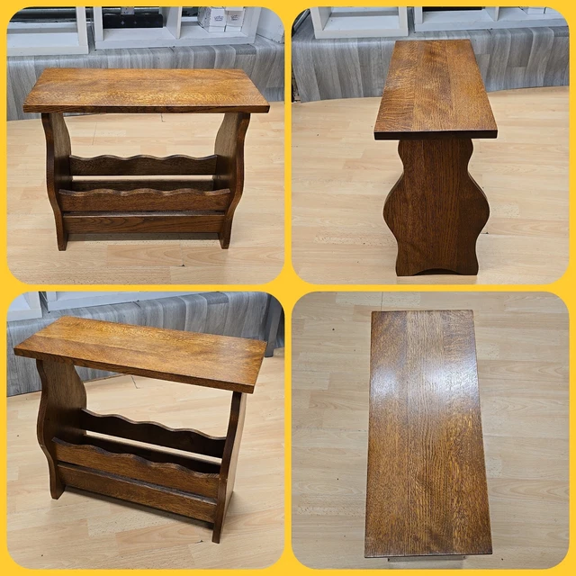 ANTIQUE RUSTIC SOLID Oak Wooden magazine paper rack side Table vintage ...