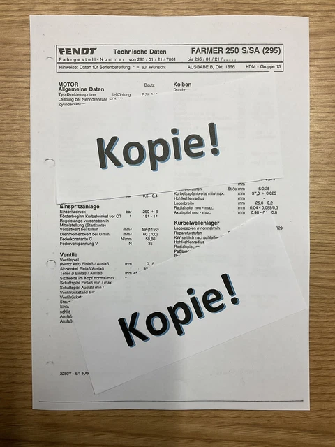 FENDT FARMER 250 S/SA (295), Technische Daten, 1996, Einstelldaten ...