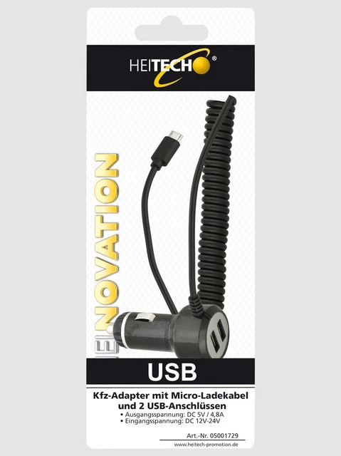 HEITECH KFZ-ADAPTER MIT Micro-Ladekabel und 2 USB-Anschlüssen EUR 15,90 - PicClick DE