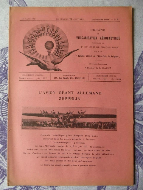LA CONQUETE AIR 1921 Sneta Avion Zeppelin Cerf-Volant Aero-Club Anvers ...
