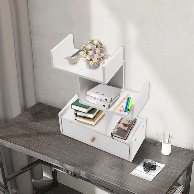 DESKTOP ORGANIZER OFFICE Storage Rack Adjustable Wood Display Shelf ...